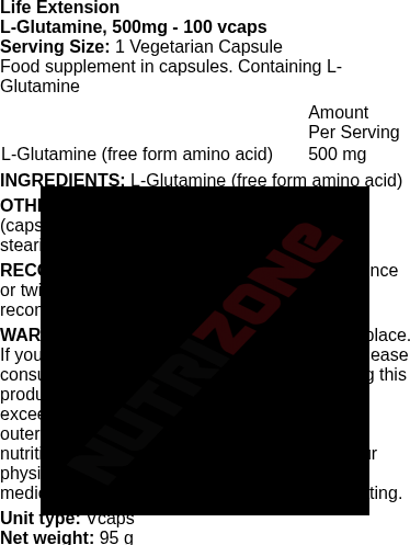 L-Glutamine, 500mg - 100 vcaps | Nutrizone.co.uk
